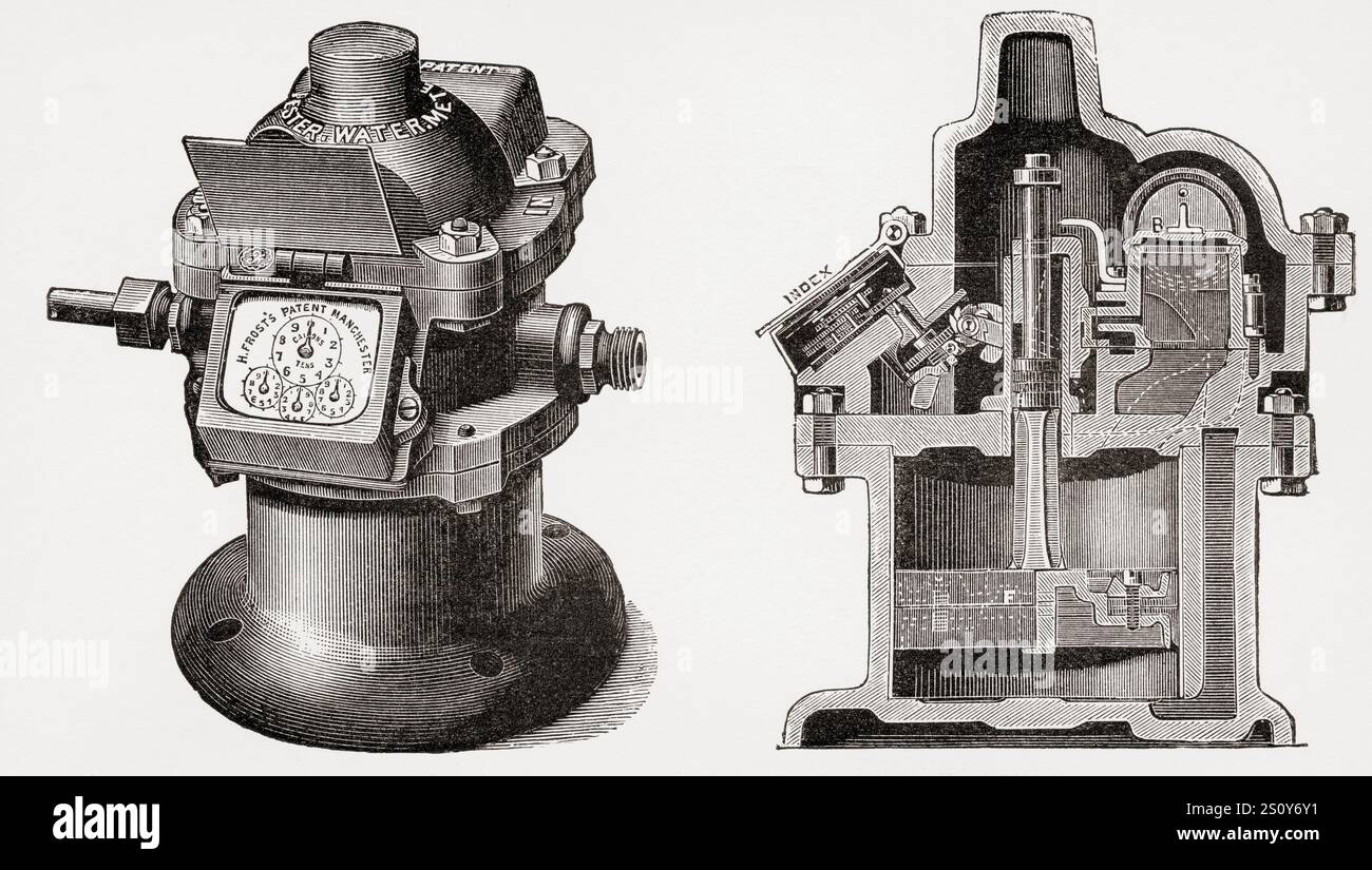 Water meter. 1. Elevation 2. Vertical section. Frost's Piston Water ...
