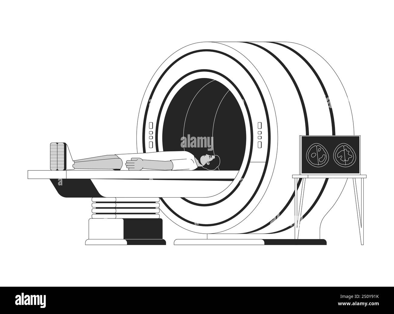 Indian male patient undergoing MRI scan black and white 2D line ...