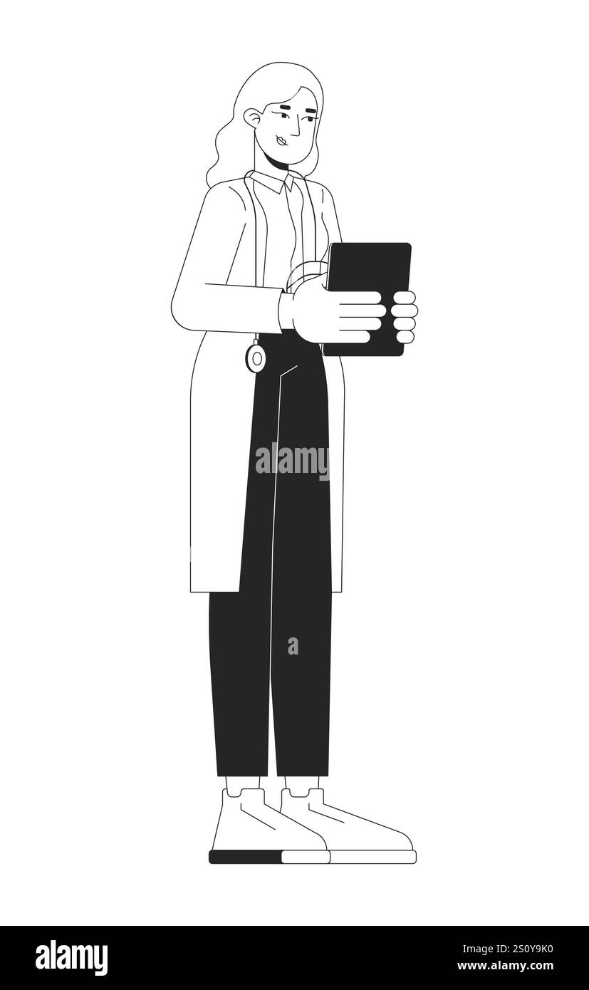 Female blonde doctor in white coat holding tablet black and white 2D ...