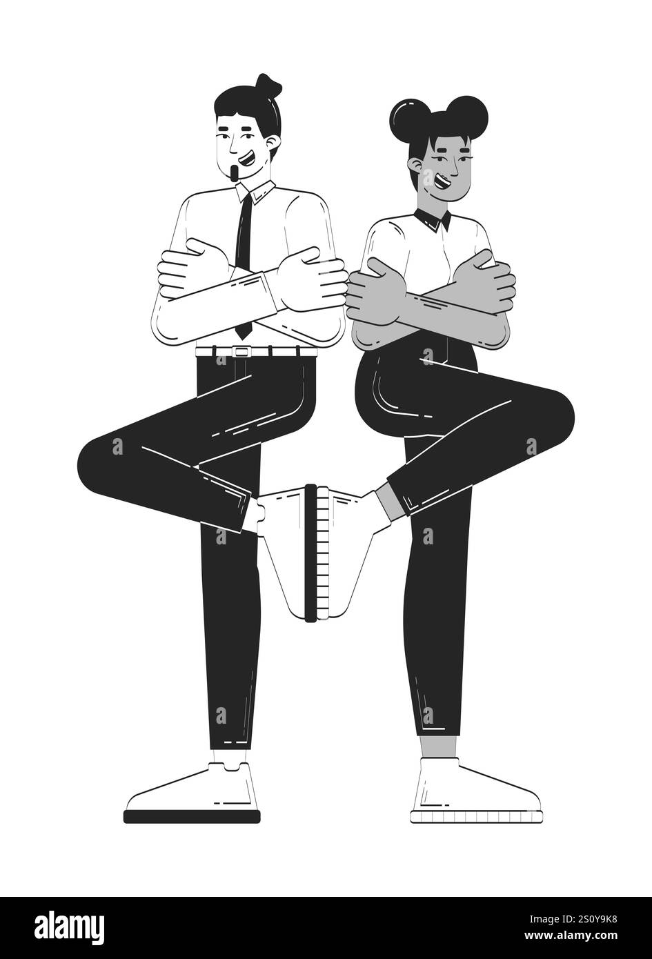 Confident diverse partners standing back to back doodle lineart ...