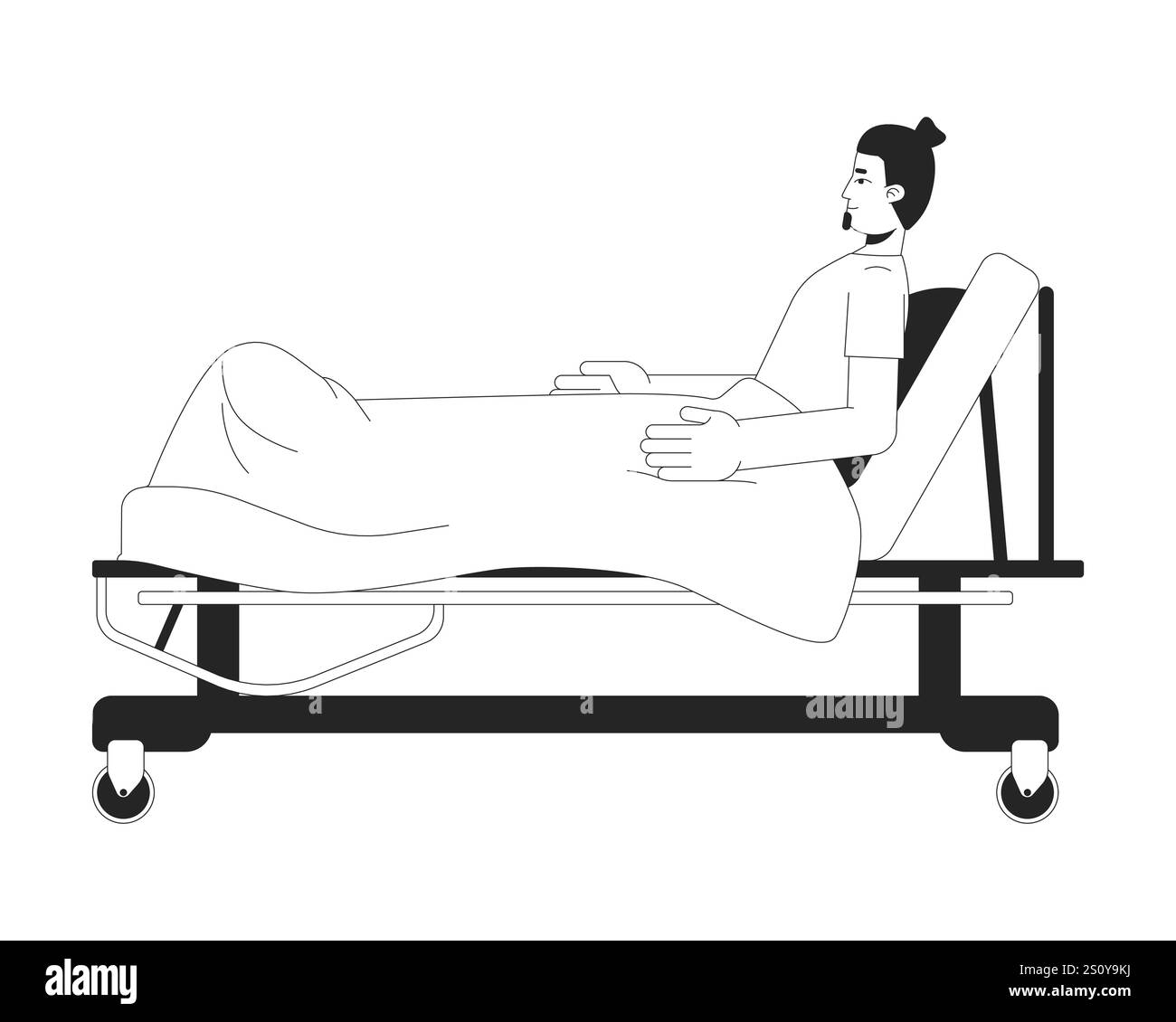 Man patient reclining on hospital bed with blanket black and white 2D ...