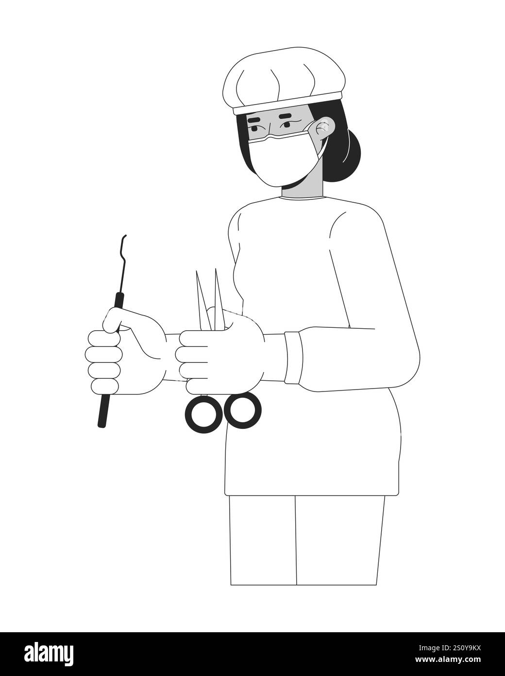 Indian female surgeon in scrubs holding surgical tools black and white ...