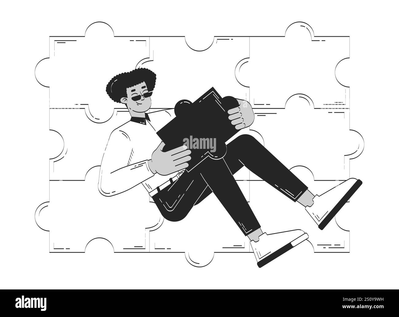 Employee playing individual role in completing puzzle doodle line ...