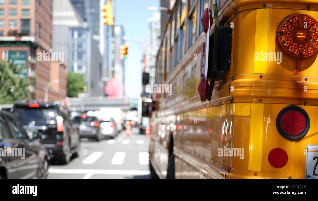 Yellow School Bus on New York Manhattan street, schoolbus truck on busy ...