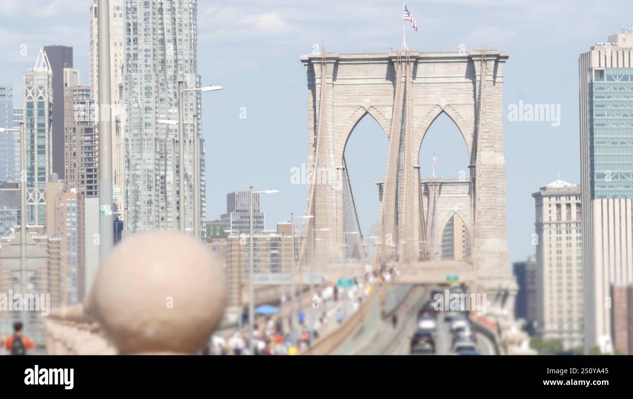 Cars on Brooklyn Bridge from Manhattan downtown to Dumbo. New York City ...