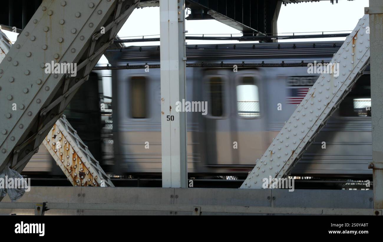 New York City Manhattan Bridge to Brooklyn Dumbo. American subway metro ...