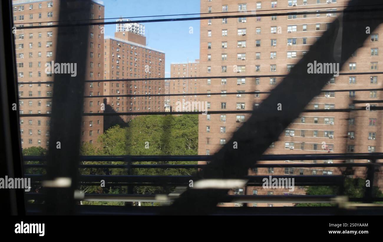 New York City subway train, Manhattan bridge. Shaking camera, dirty ...