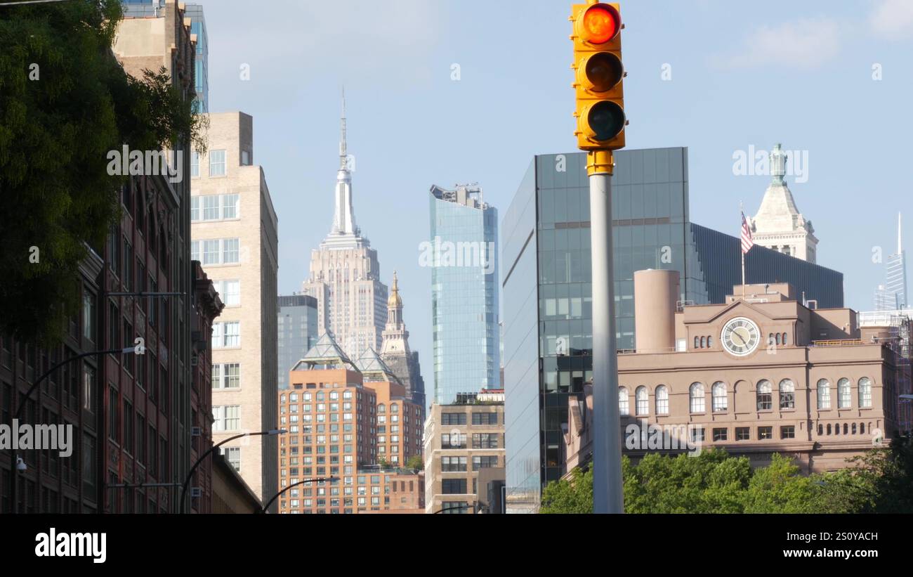 New York City street crossroad, yellow traffic light, transport road ...