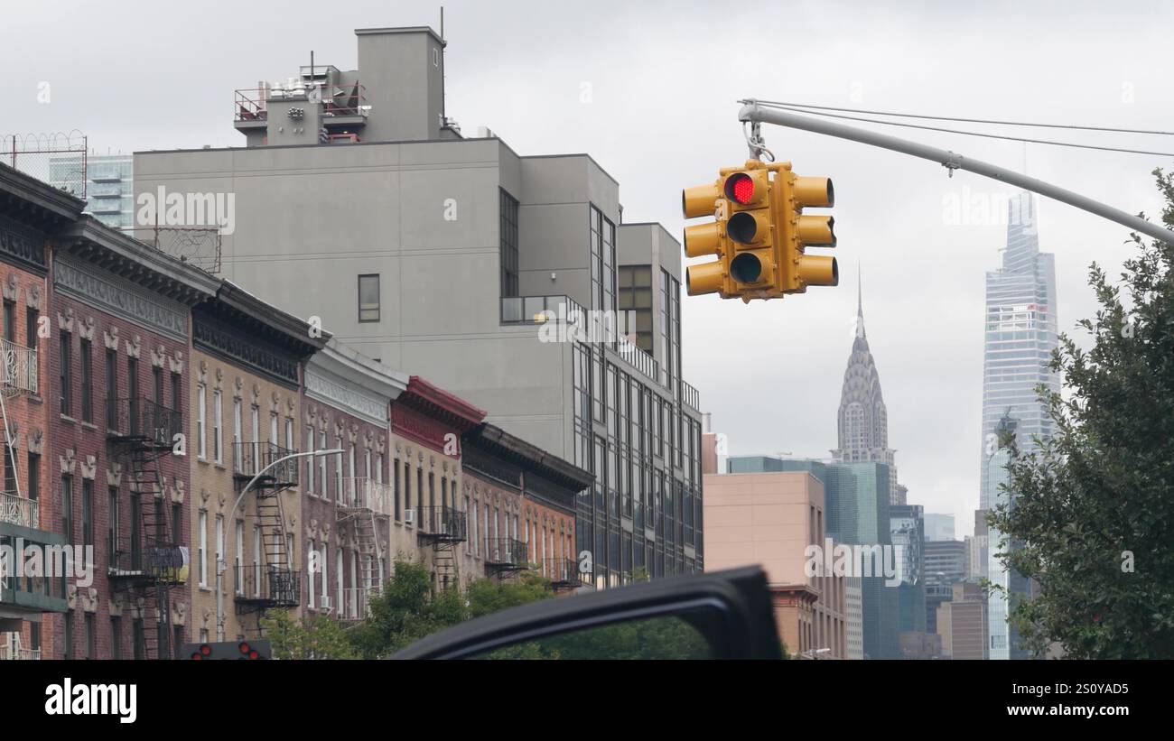 New York City street crossroad, yellow traffic light, transport road ...