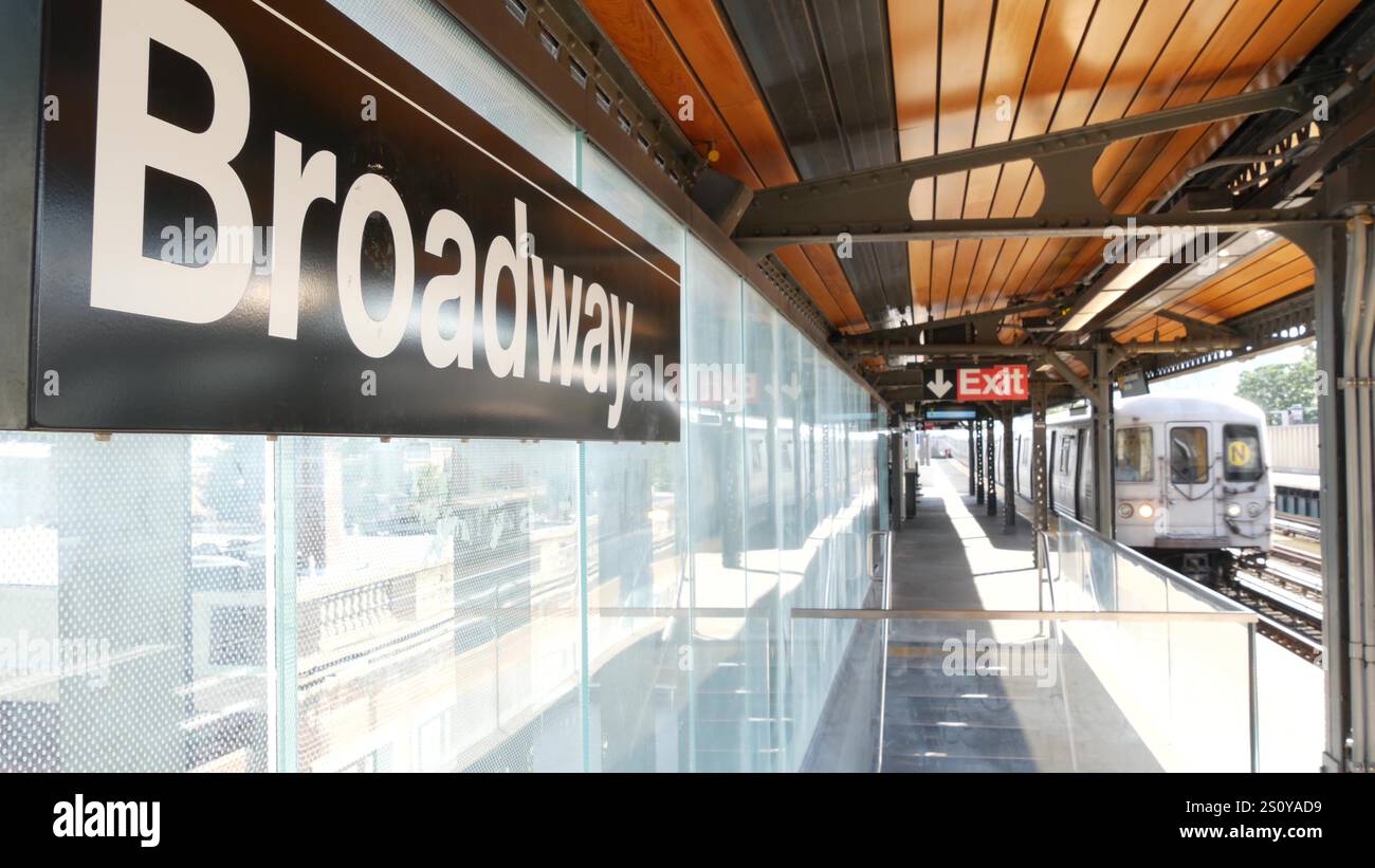 New York subway station Broadway text sign. Metropolitan train on ...