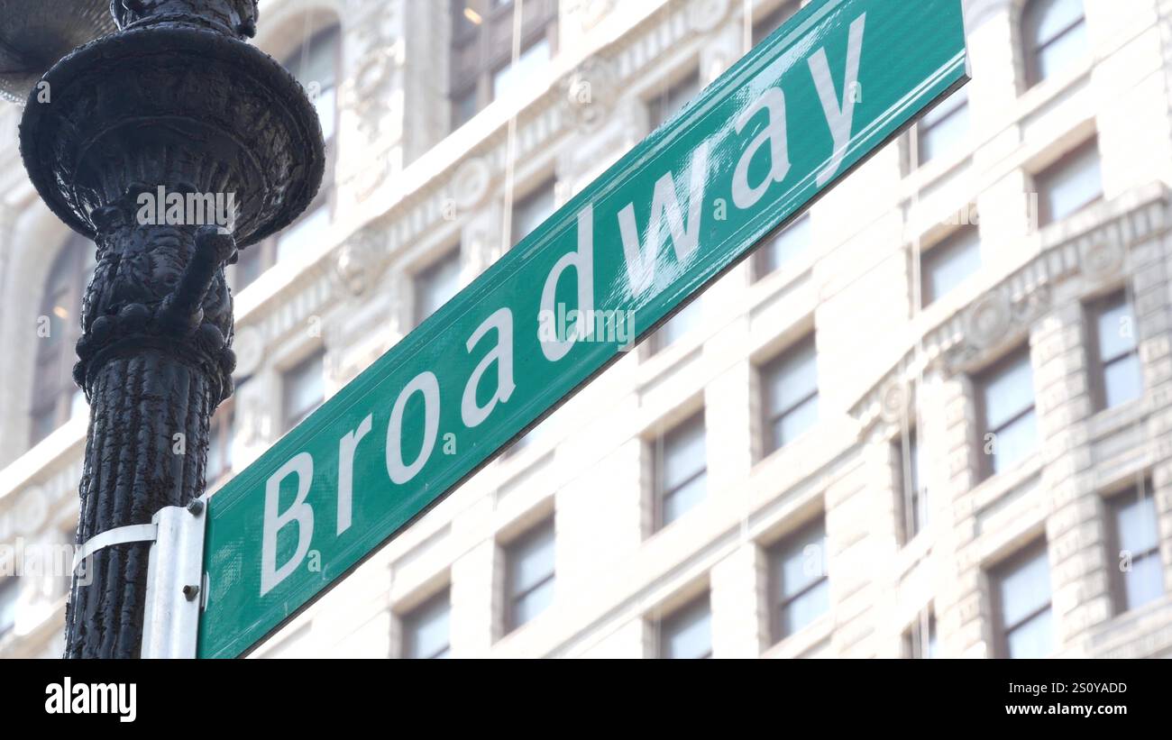 Broadway street road sign, Manhattan midtown district architecture, New ...