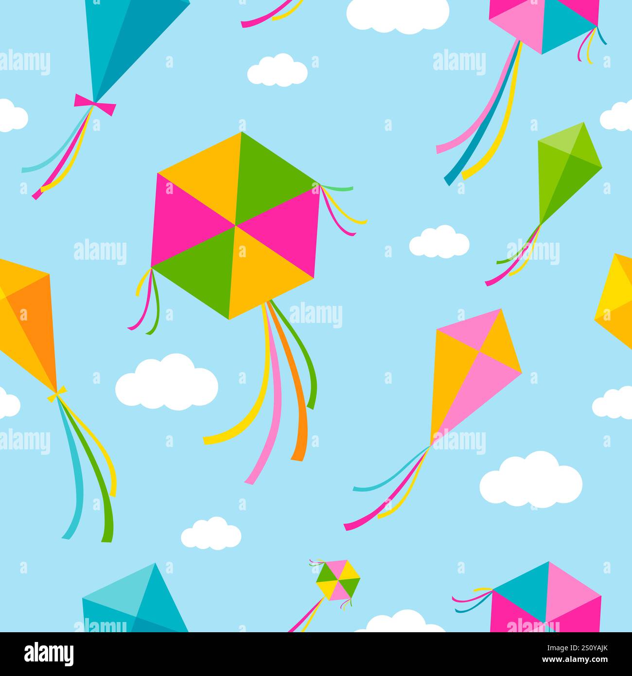 Colorful kites background and clouds in the sky. Seamless pattern with ...