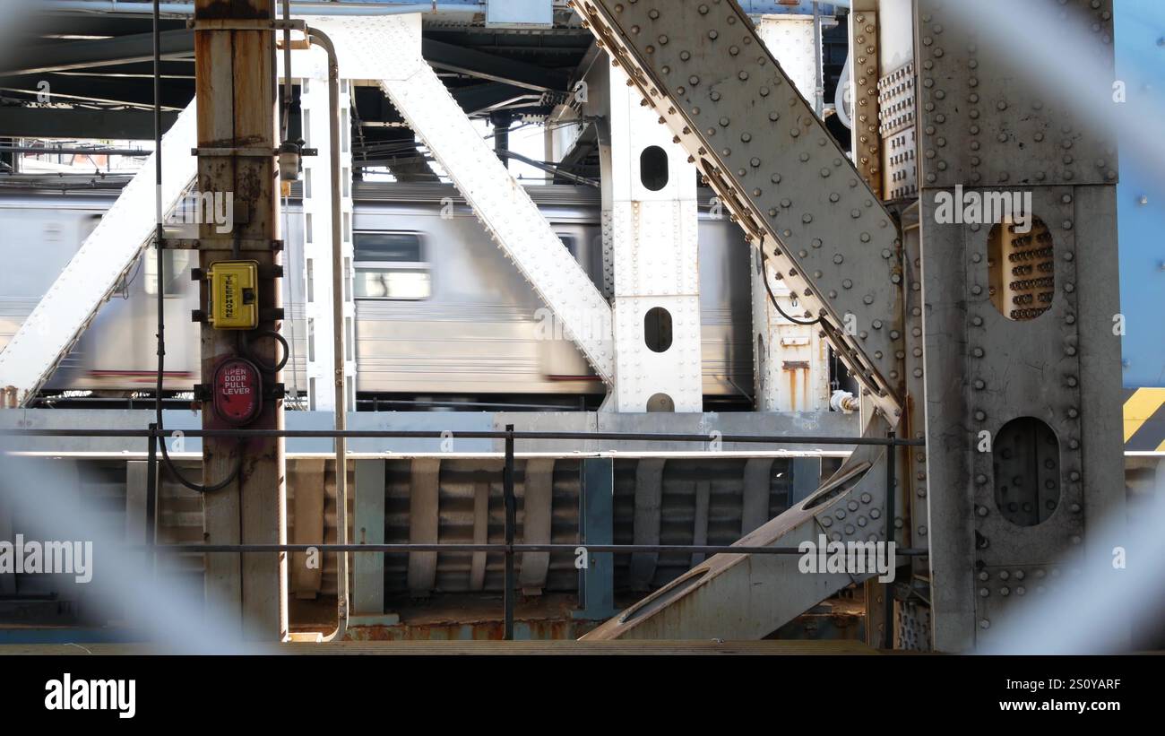 New York City Manhattan Bridge to Brooklyn Dumbo. American subway metro ...