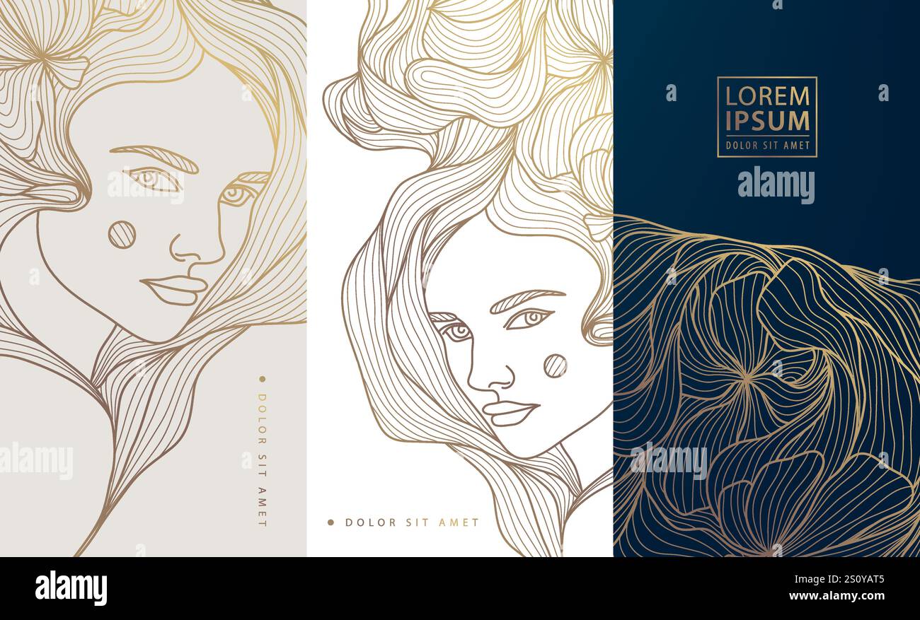 Vector woman art deco line logo, face beauty female illustration ...