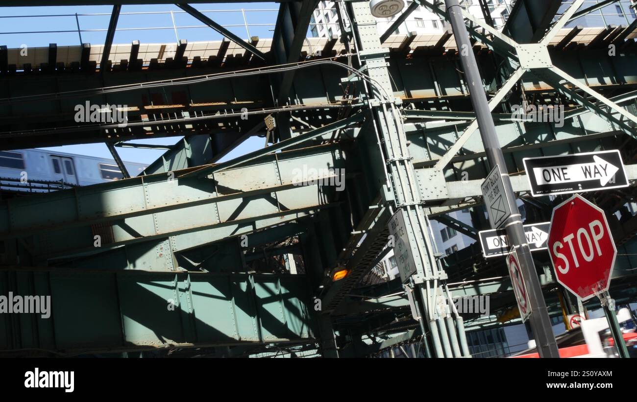 New York elevated subway, metropolitan bridge, metro track above street ...
