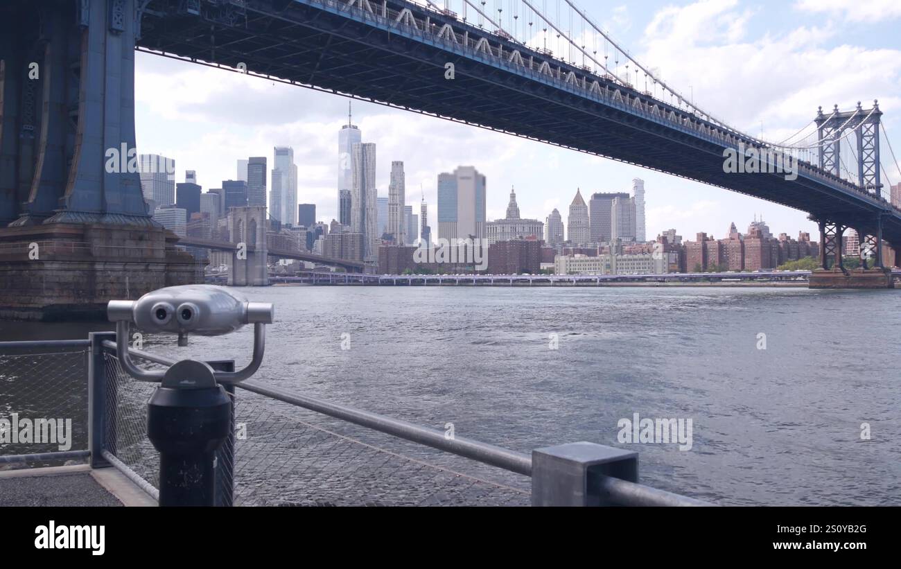 New York City Manhattan Bridge lookout, tower viewer binoculars ...