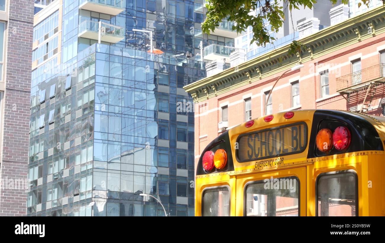 Yellow School Bus on New York Manhattan street, schoolbus truck on city ...