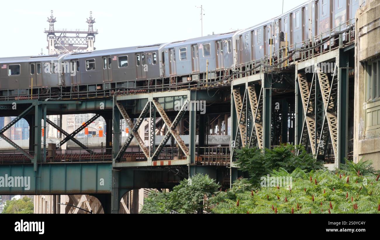 New York elevated subway, metropolitan bridge, metro track above street ...