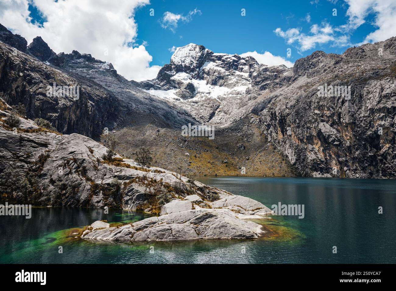 Snow-Covered Mountain above Lake - Mount Churup & Lagoon, Peru Stock ...