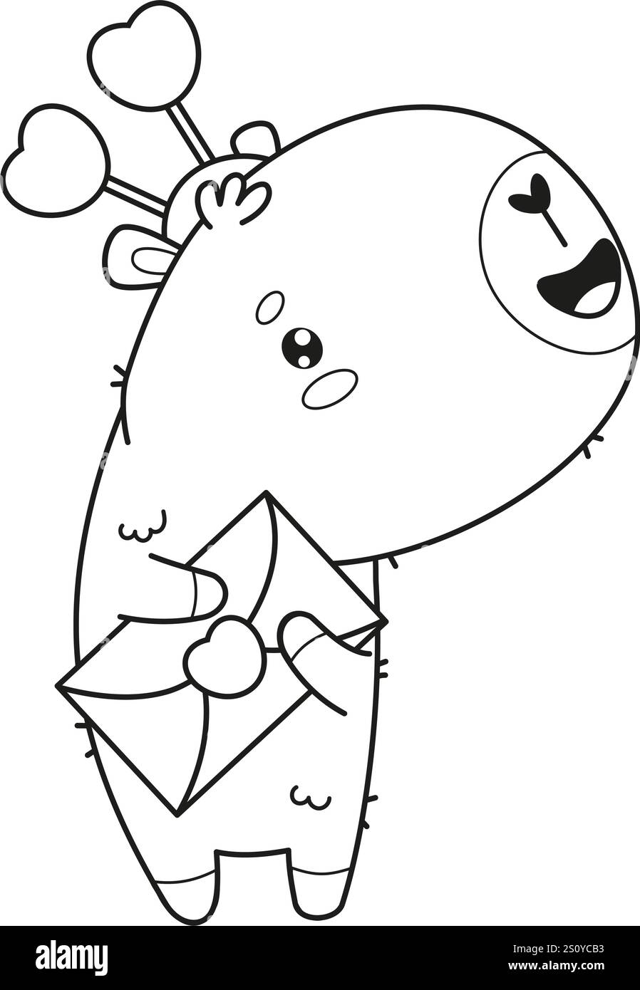 Outline Adorable cartoon capybara holding love letter with heart. Cute ...