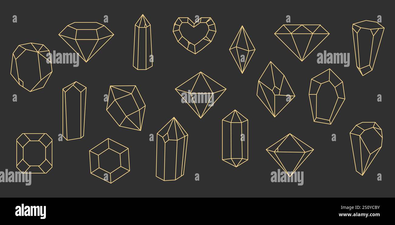 Crystal gemstone celestial gold thin line polygon stone, magic contour ...