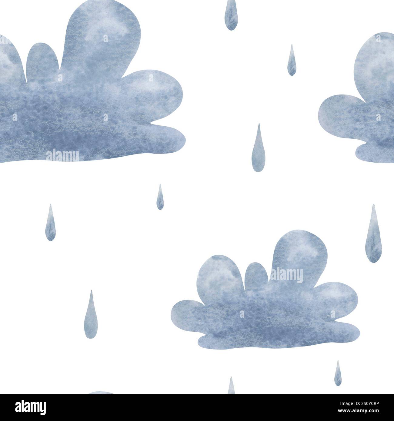 Watercolor seamless pattern with clouds and raindrops. Rainy weather ...