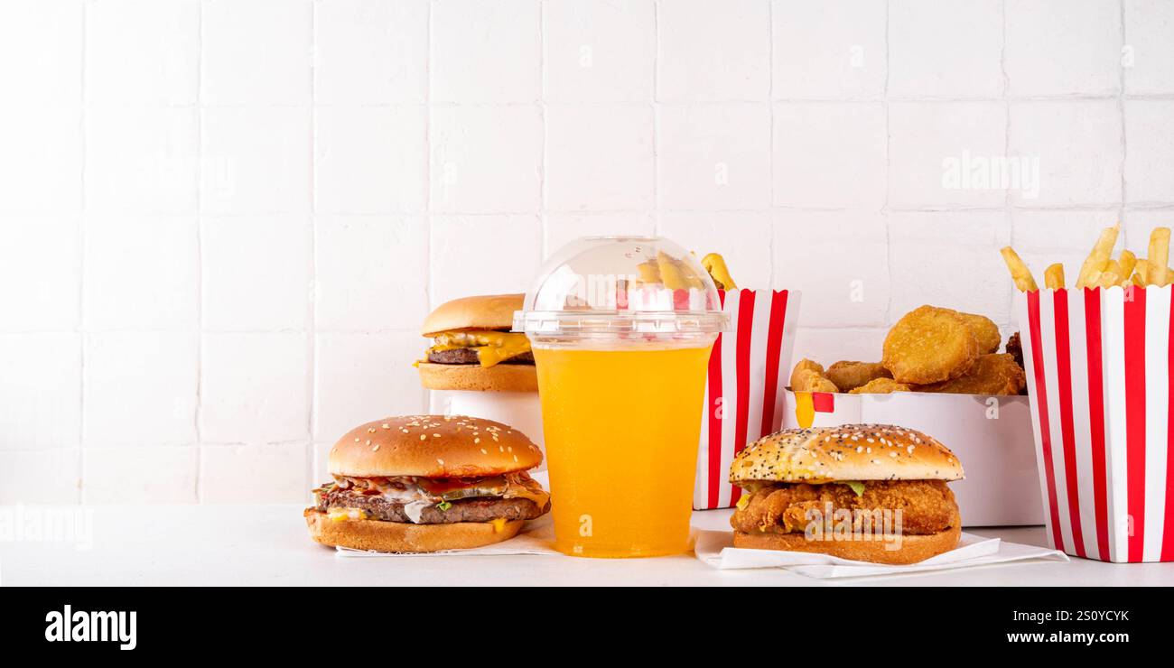 Fast food delivery menu background with various burgers, cheeseburger ...