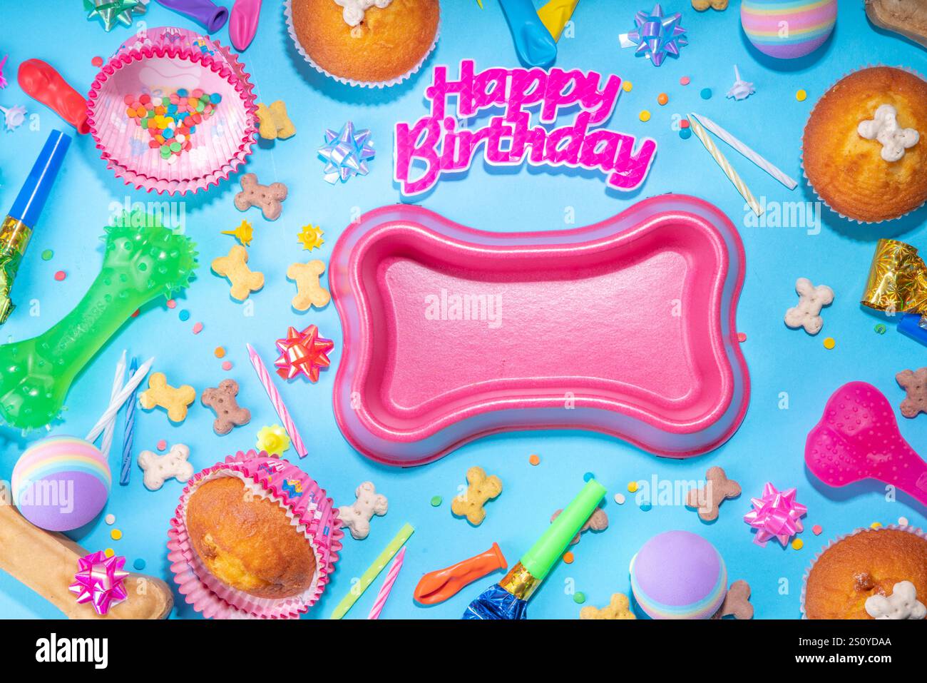 Pet happy birthday background with set different dogs snack, food and ...