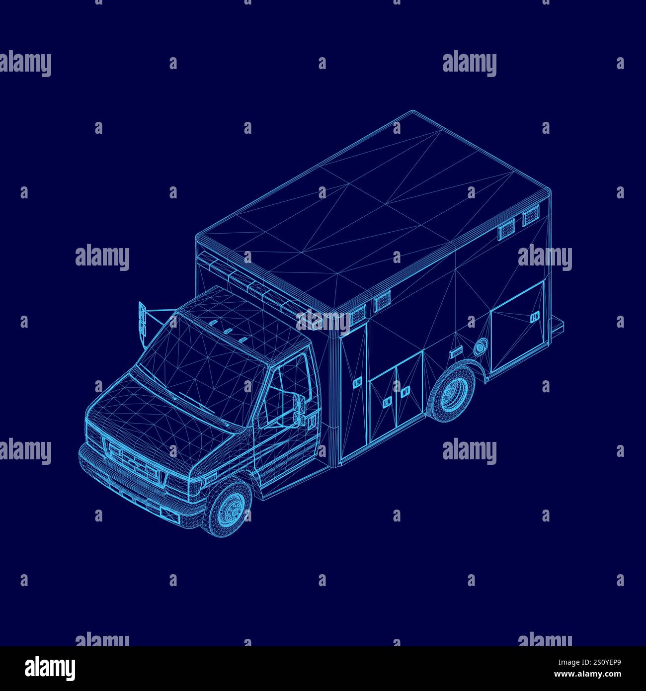 Blue ambulance is shown in a blue background. The ambulance is parked ...