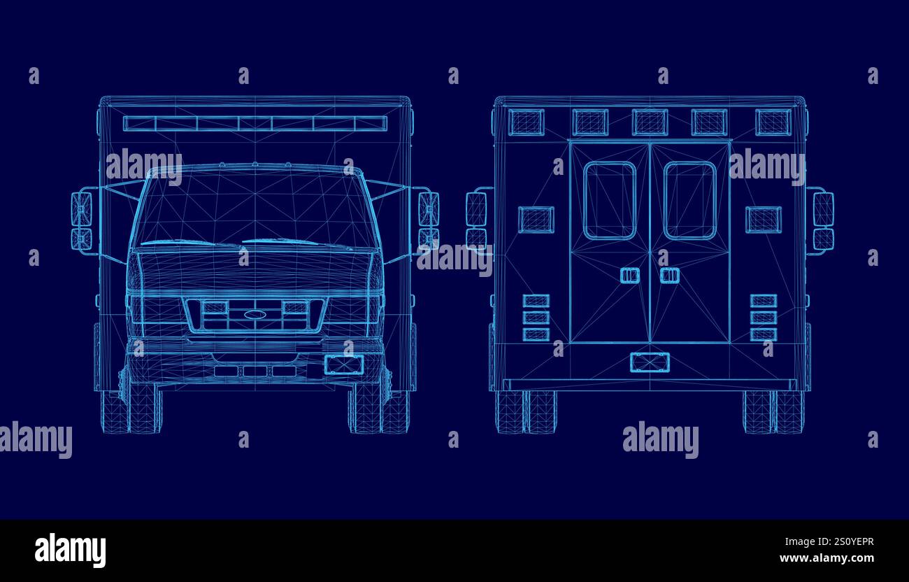 Blue image of an ambulance. The front of the ambulance is shown in ...