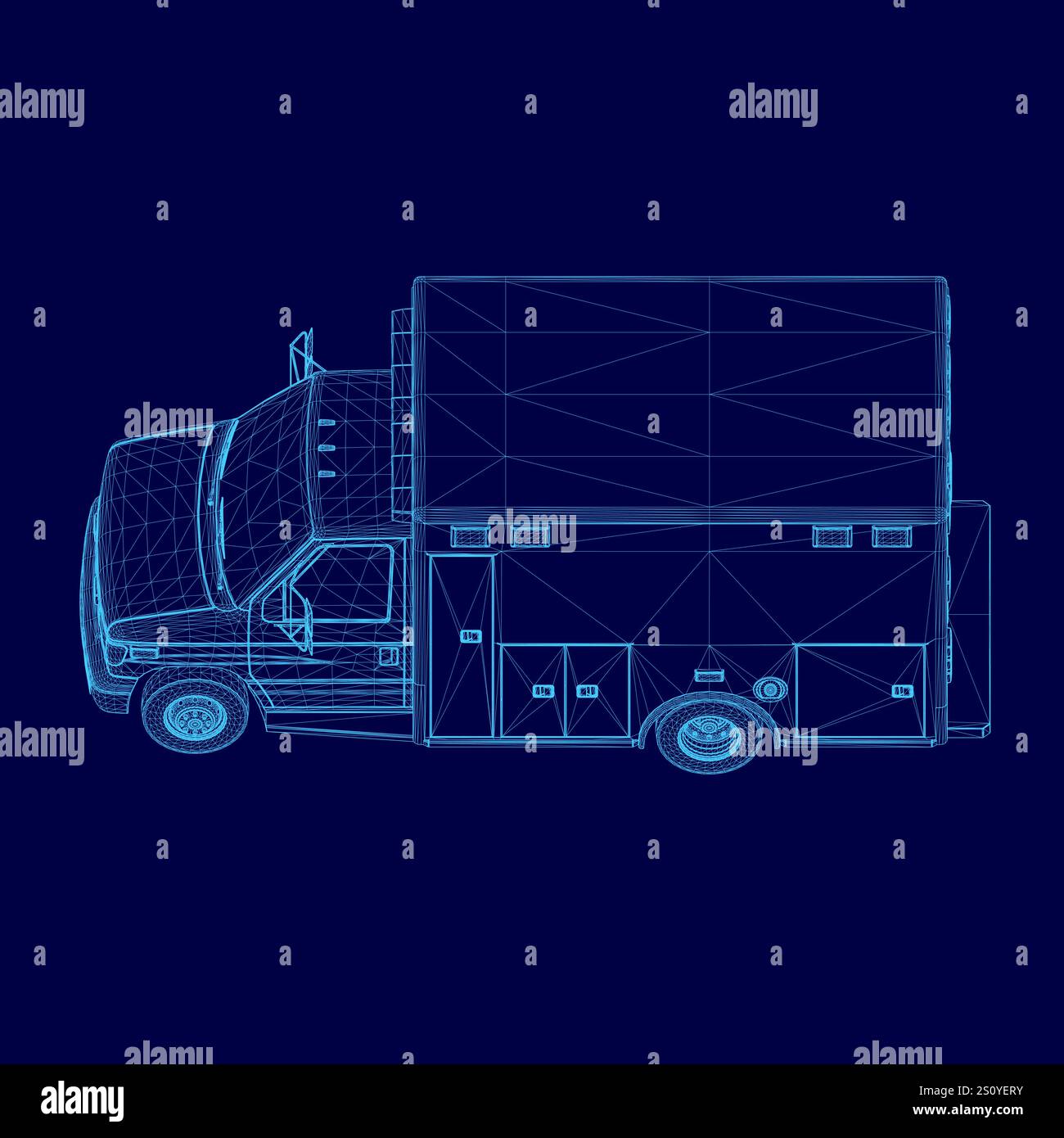 Blue ambulance is shown in a blue background. The ambulance is parked ...