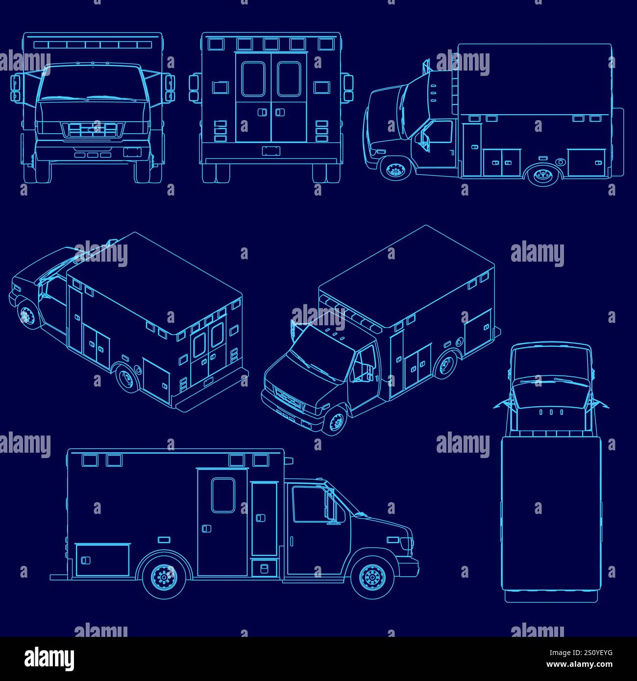 The image is a series of blue drawings of an ambulance. The drawings ...