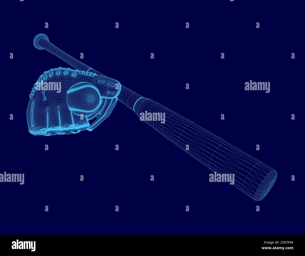 Baseball bat and glove are shown in a blue color scheme. The bat is ...