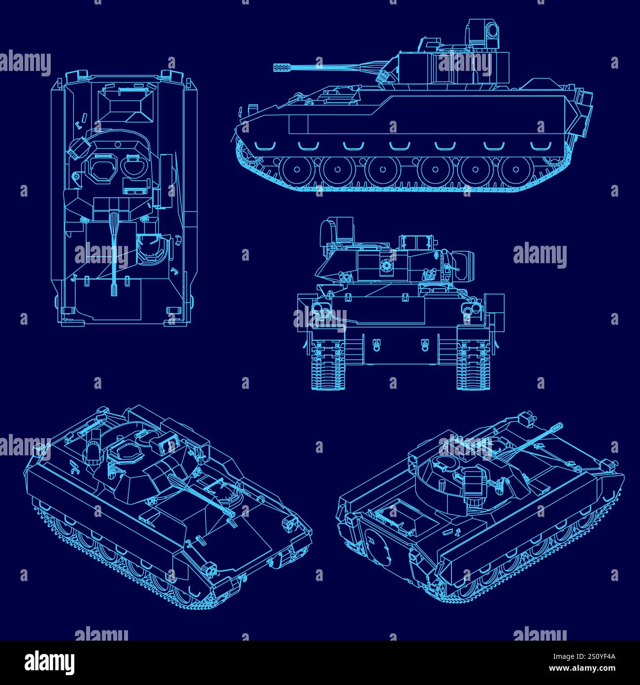 Blue drawing of a tank with a blue background. The tank is shown from ...