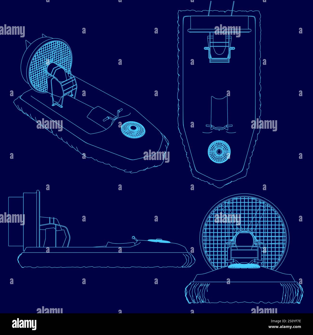 Blue drawing of a boat with a propeller and a fan. The boat is designed ...