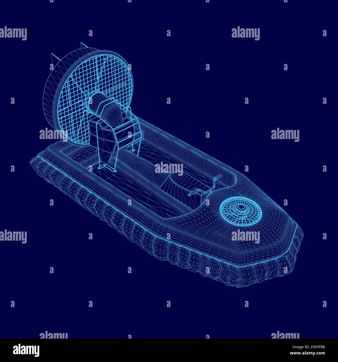 Blue image of a boat with a fan on top. The fan is on the side of the ...