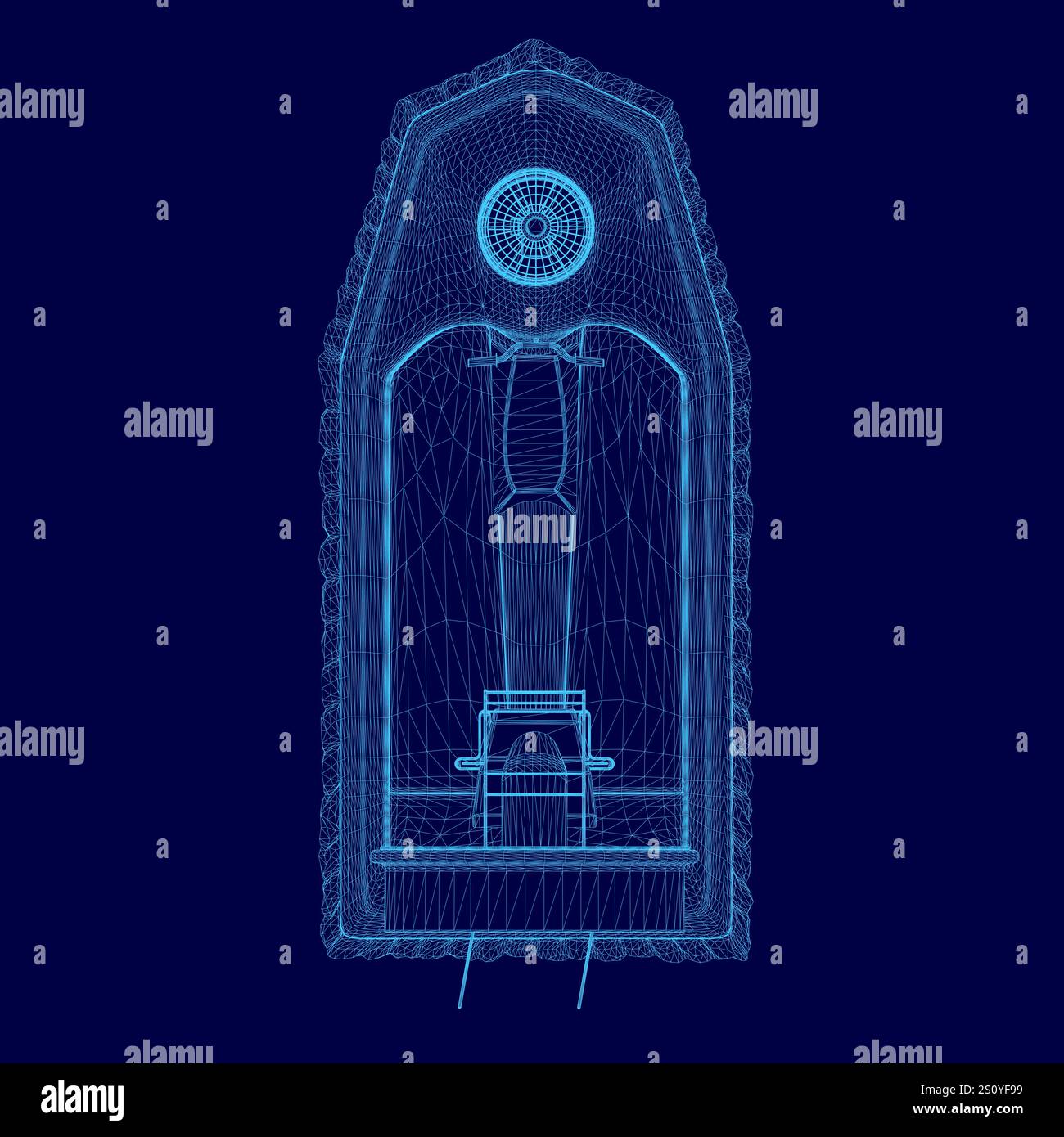 Blue drawing of a boat with a propeller and a fan. The boat is designed ...