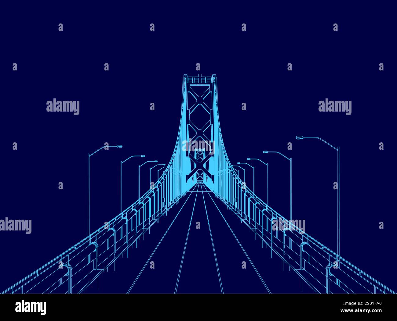 Bridge is shown in blue with a dark sky in the background. The bridge ...