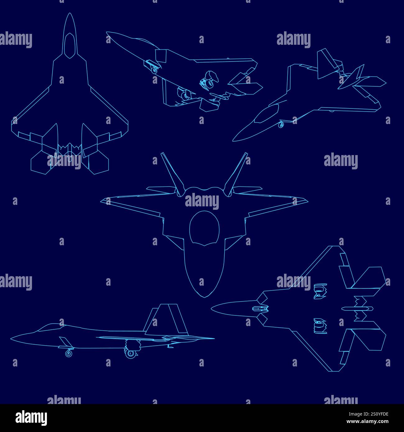 Series of blue drawings of fighter jets. The drawings are all different ...
