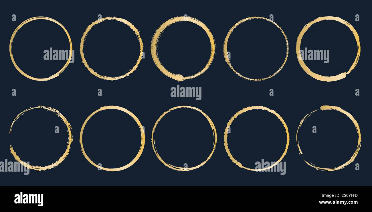 Set of golden grunge circular frames. Golden paint brush round rims ...