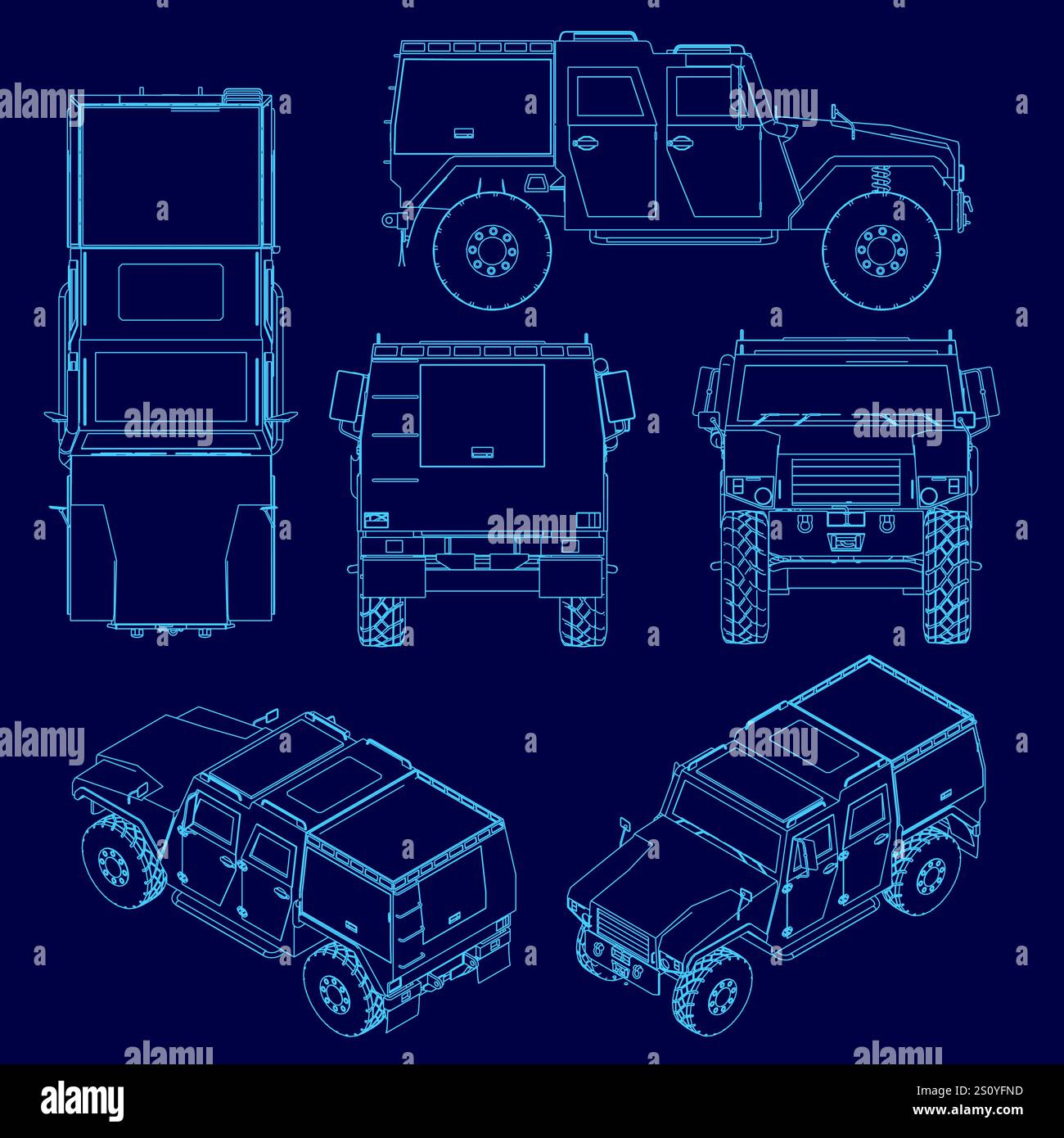 The image is a series of blue drawings of a military vehicle. The ...