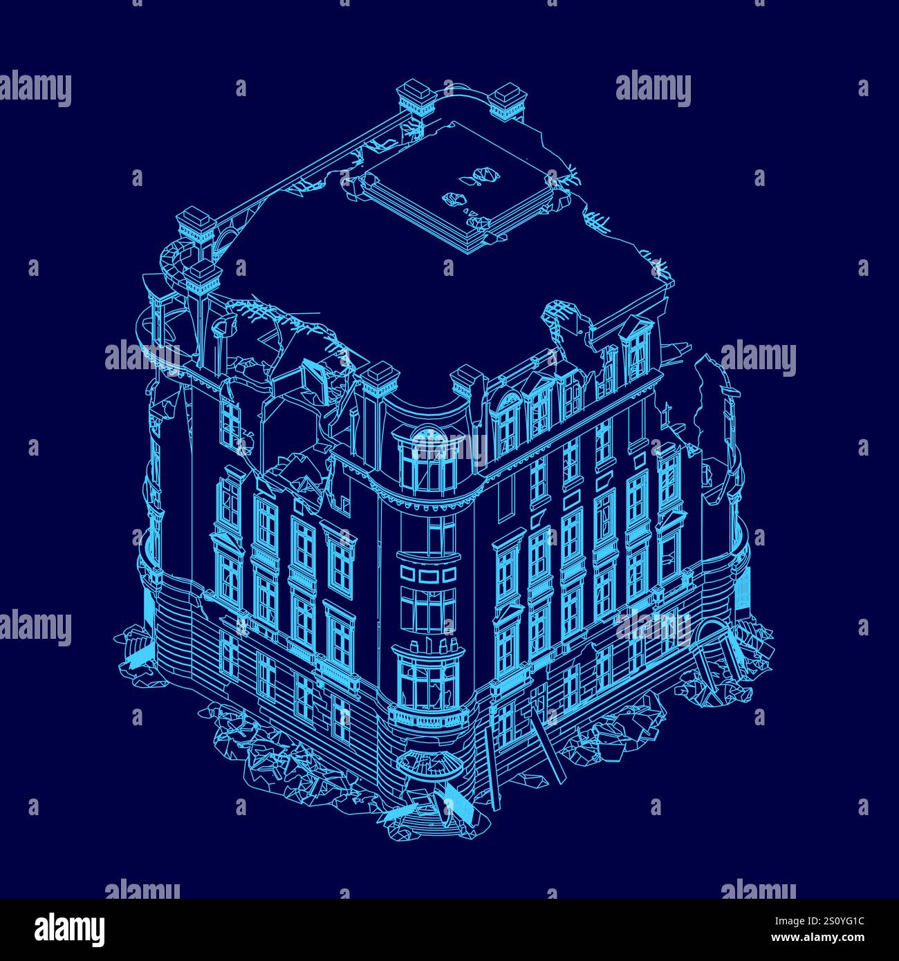 Blue drawing of a building with a lot of windows. The building appears ...