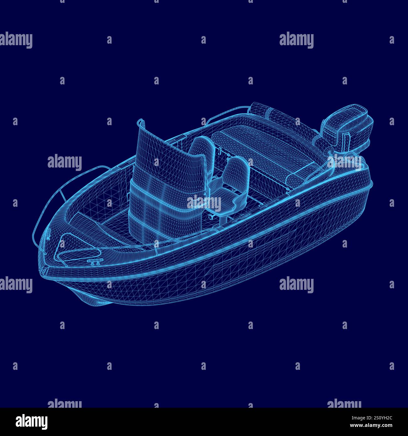 Blue boat with a motor and a flag on the back. The boat is shown in a ...