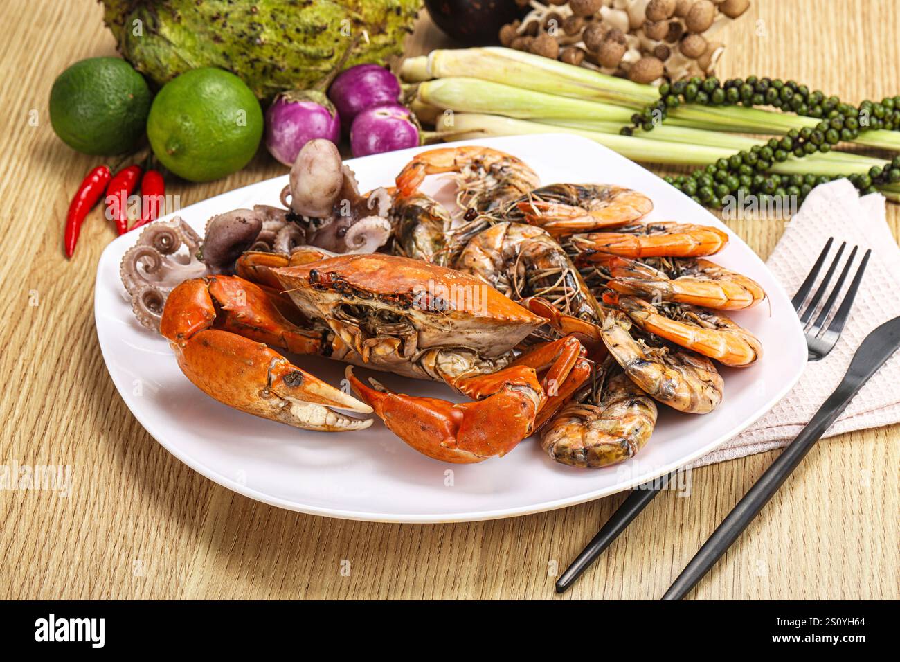 Luxury seafood mix - crab, tiger prawn, octopus Stock Photo - Alamy