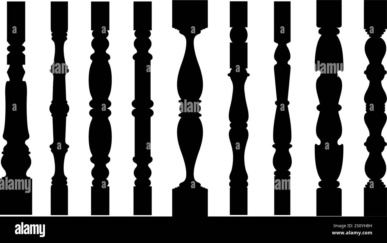 Collection of different stair spindles and balusters isolated on white ...