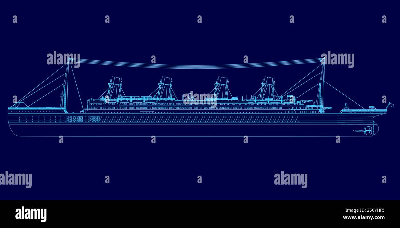 Blue drawing of a ship. The ship is a cruise ship and is shown in a ...