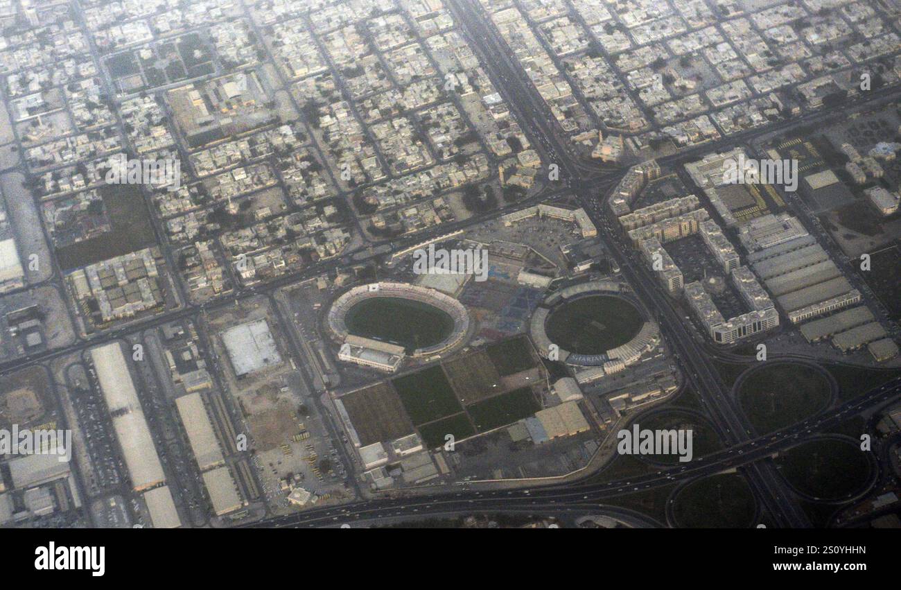 Aerial view of the Sharjah football stadium and Cricket stadium in ...