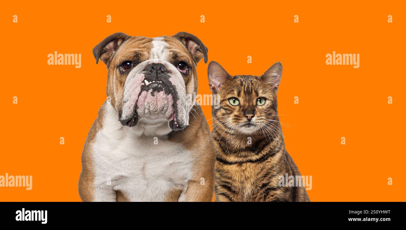 Head shot of English Bulldog and bengal cat side by side looking at the ...