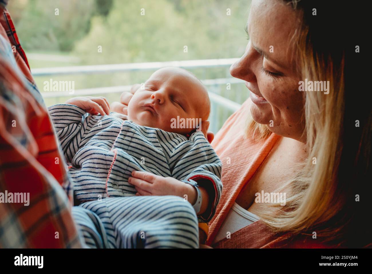 Close up of newborn baby on mom and dad arms at hospital after birth ...