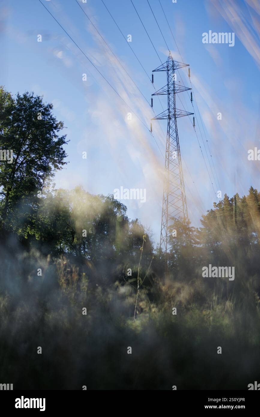 Powerline tower rises above nature under a clear sky Stock Photo - Alamy